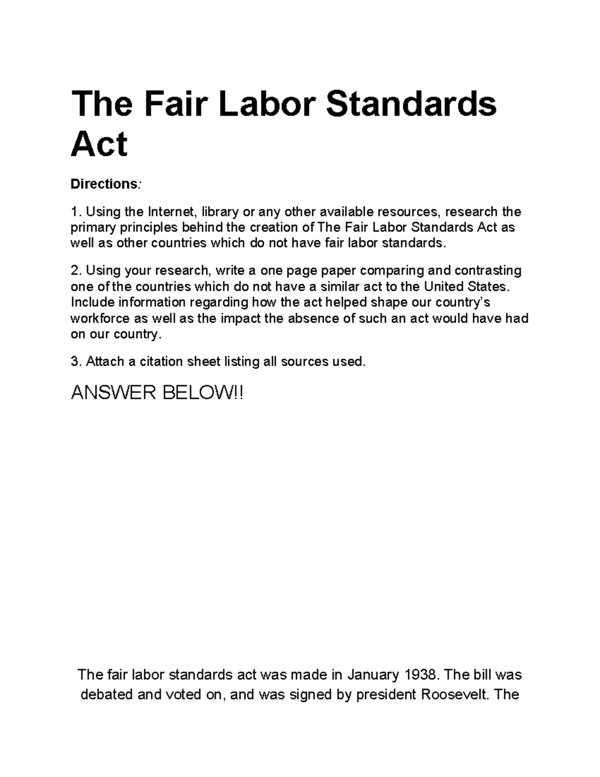 The Fair Labor Standards Act - The Fair Labor Standards Act Directions ...