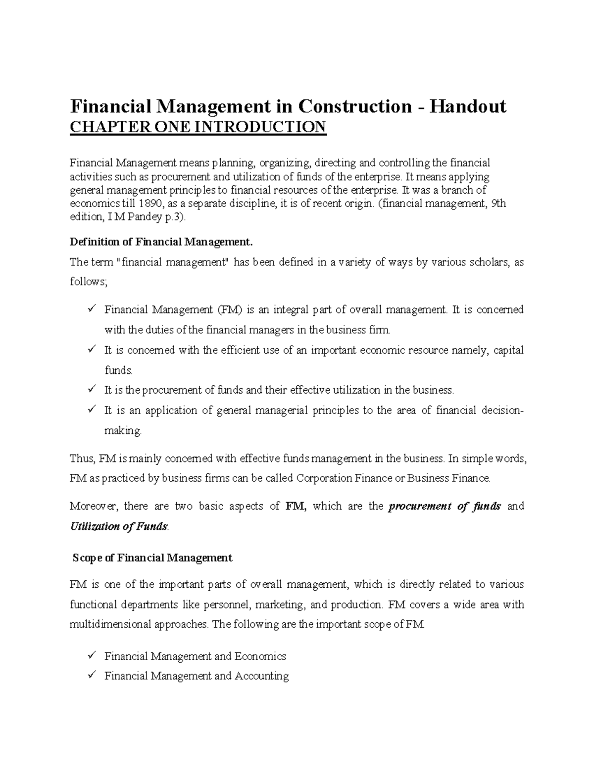 FM handout - Financial Management in Construction - Handout CHAPTER ONE ...