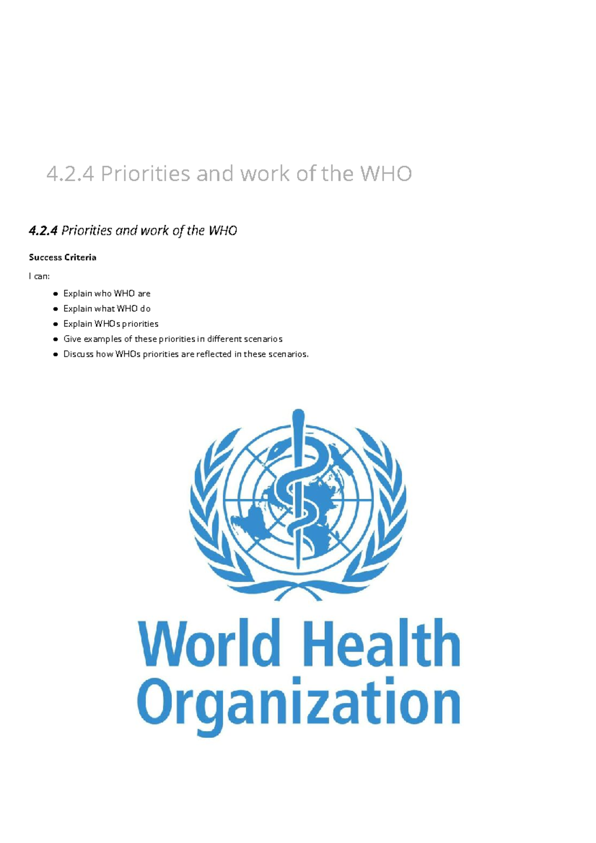 Priorities and work of the World Health Organisation - 4.2 Priorities ...