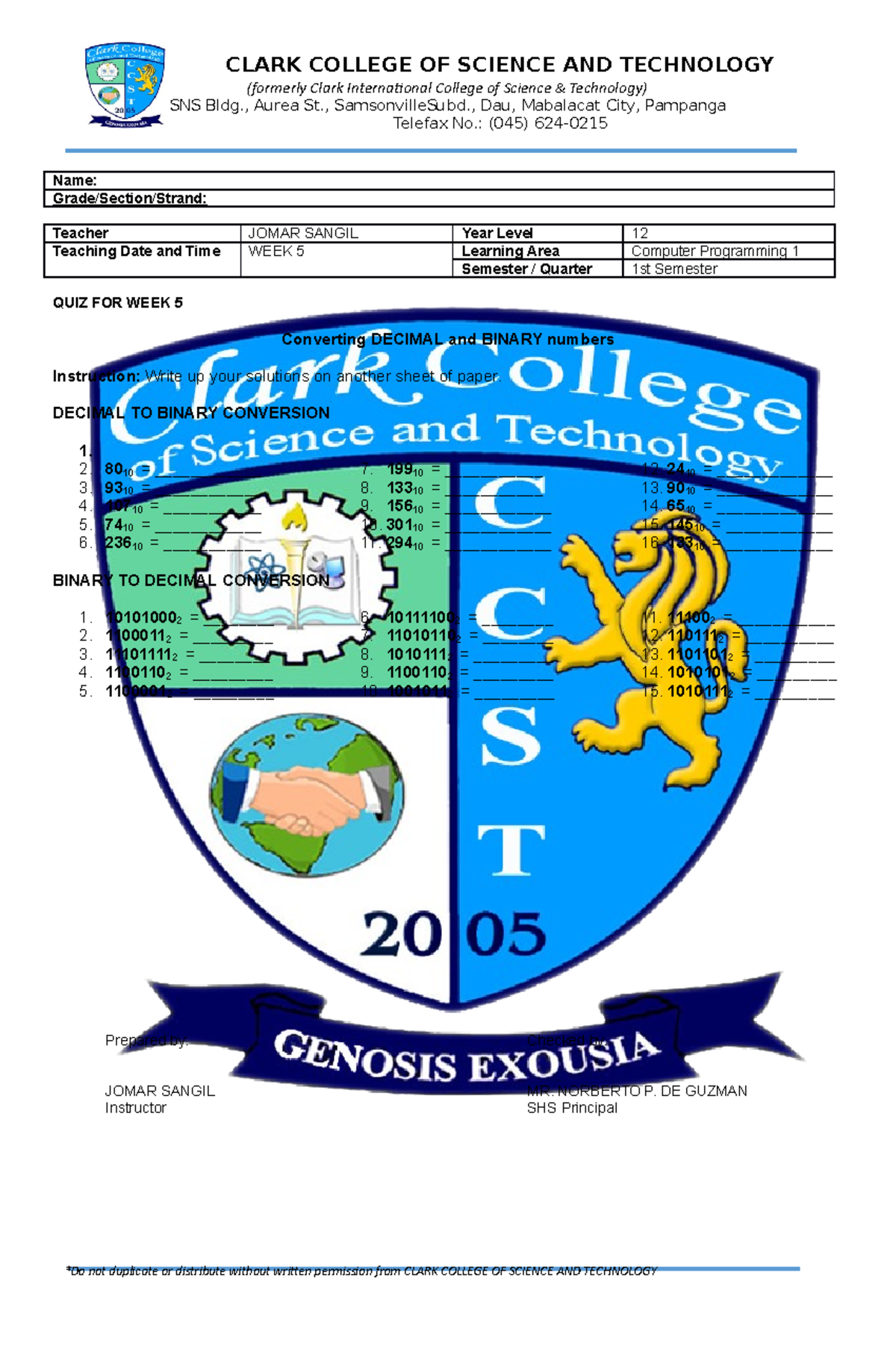 Week2 - asdasdsad - CLARK COLLEGE OF SCIENCE AND TECHNOLOGY (formerly ...
