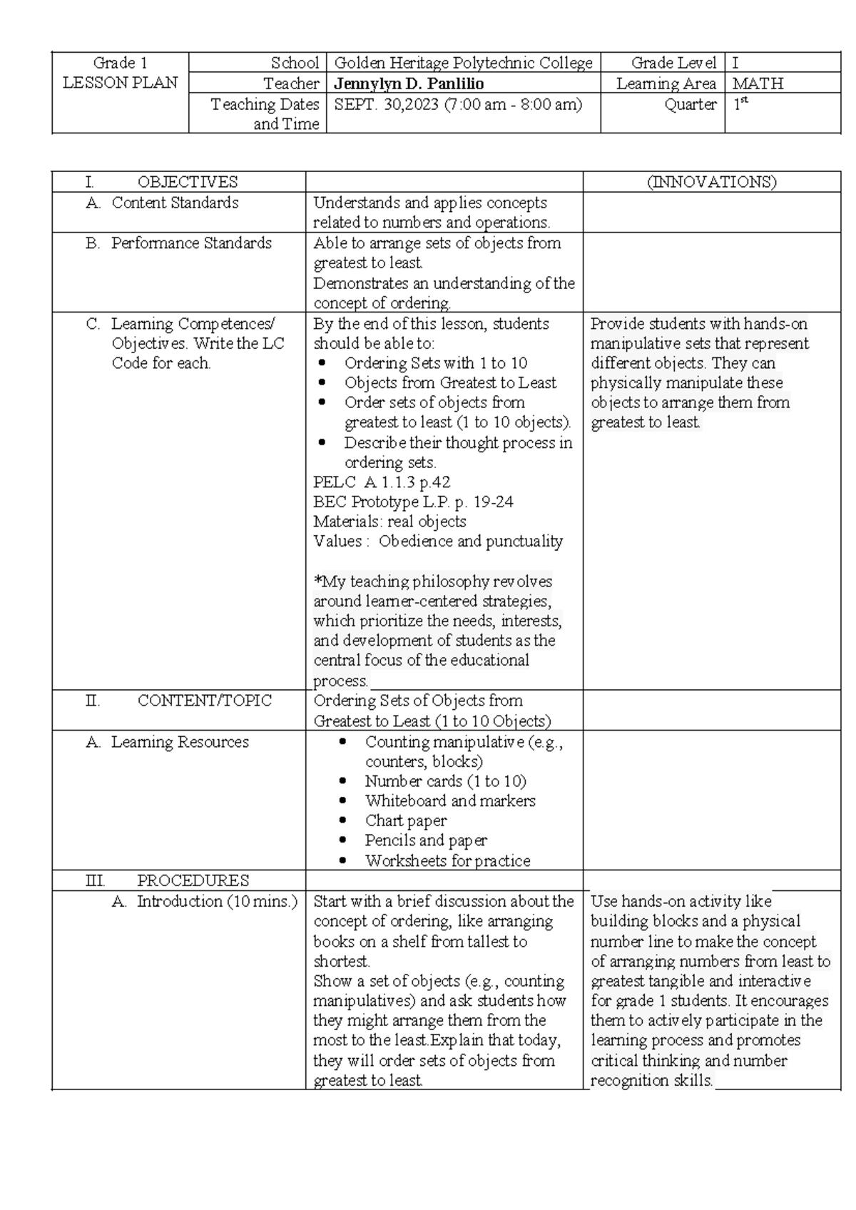 Lesson-PLAN - Grade 1 LESSON PLAN School Golden Heritage Polytechnic ...