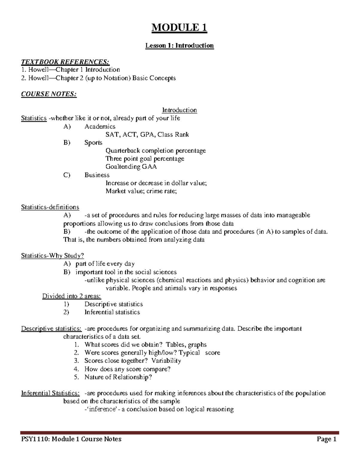Stats Module 1 - Craig McCarthy - MODULE 1 Lesson 1: Introduction TEXTBOOK REFERENCES: - Studocu