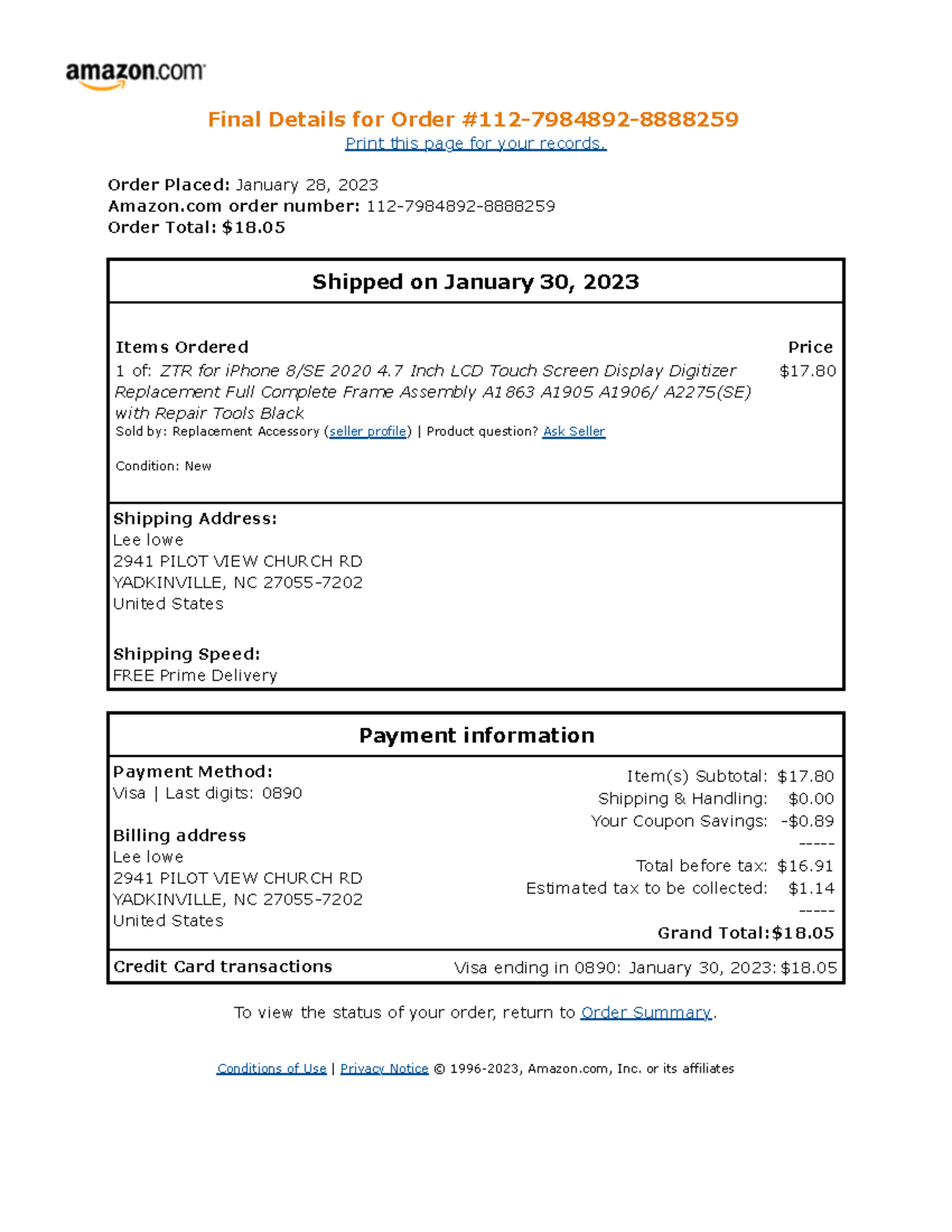 Amazon.com - Order 112-7984892-8888259 - Item(s) Subtotal: $17 ...