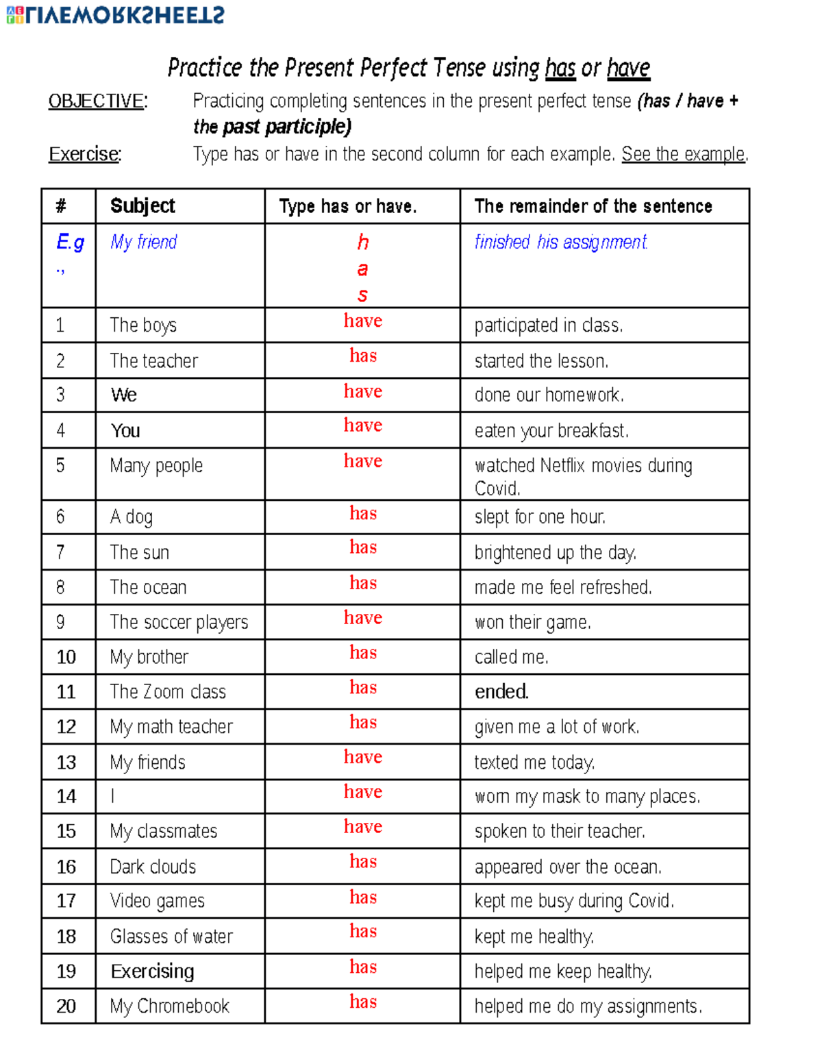 Present Perfect Ficha Interactiva 1 - Practice the Present Perfect ...