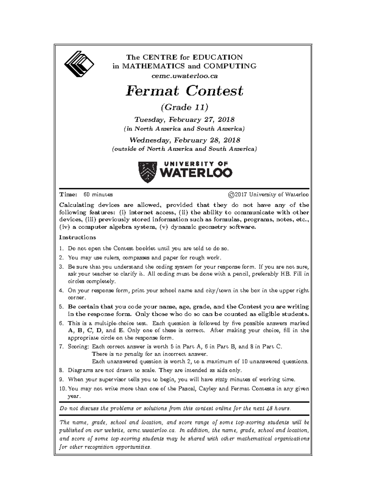 2018 Fermat Contest - pick - The CENTRE for EDUCATION in MATHEMATICS ...