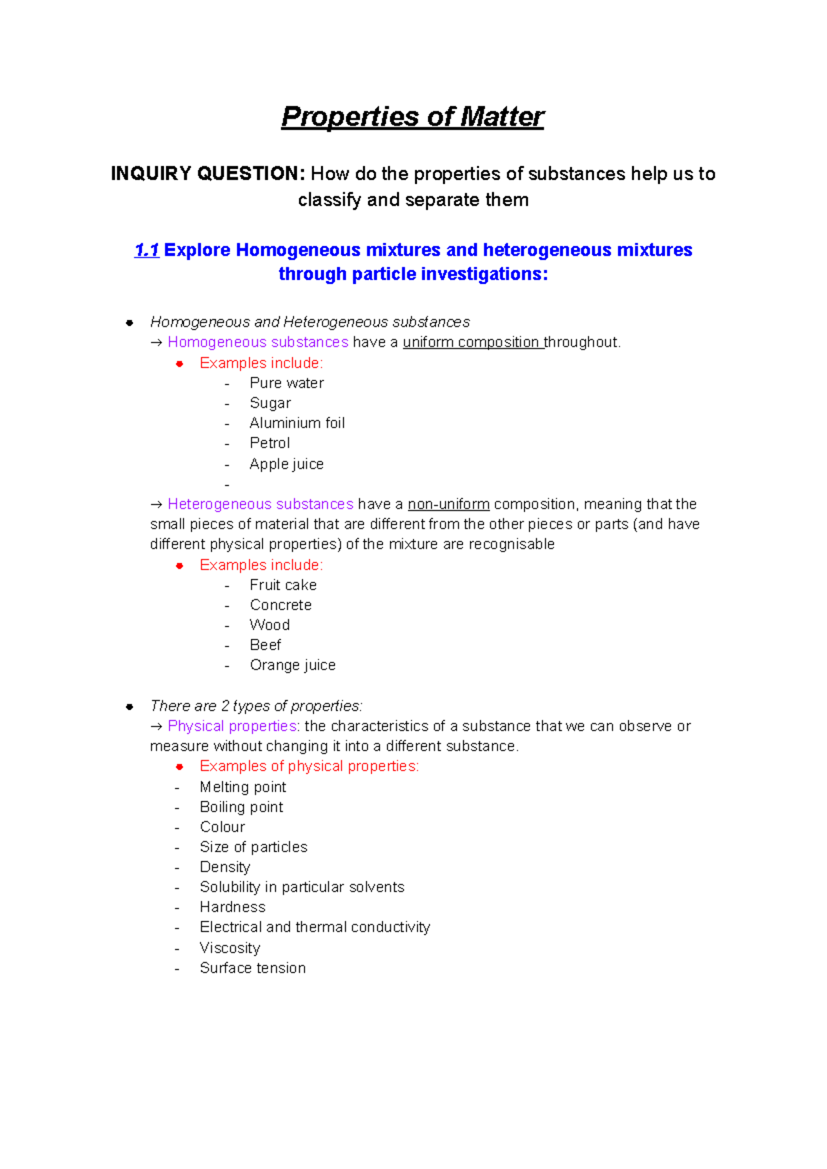 Summary Notes Properties of Matter - Properties of Matter INQUIRY ...