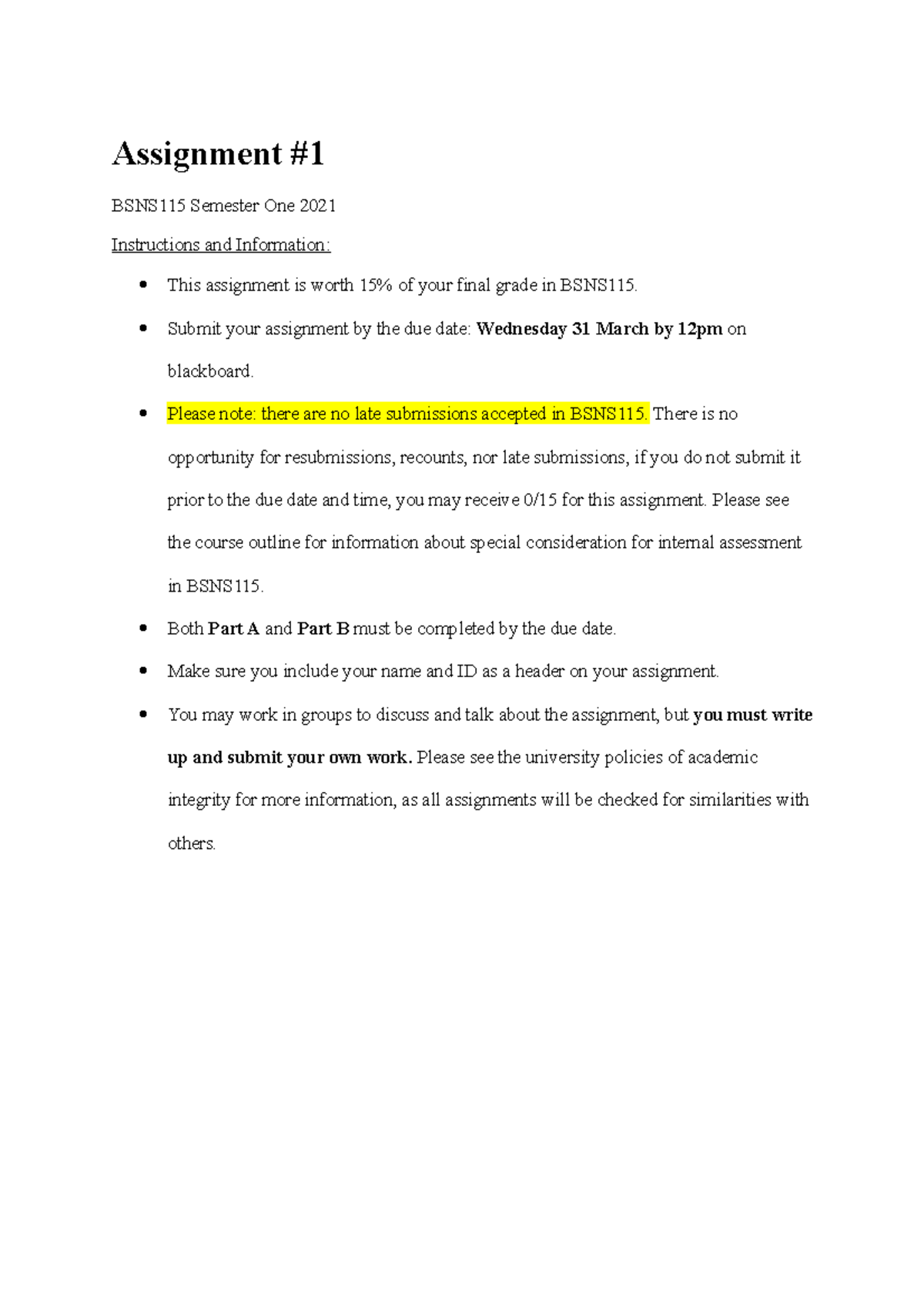 BSNS115 Assignment One - Assignment BSNS115 Semester One 2021 ...