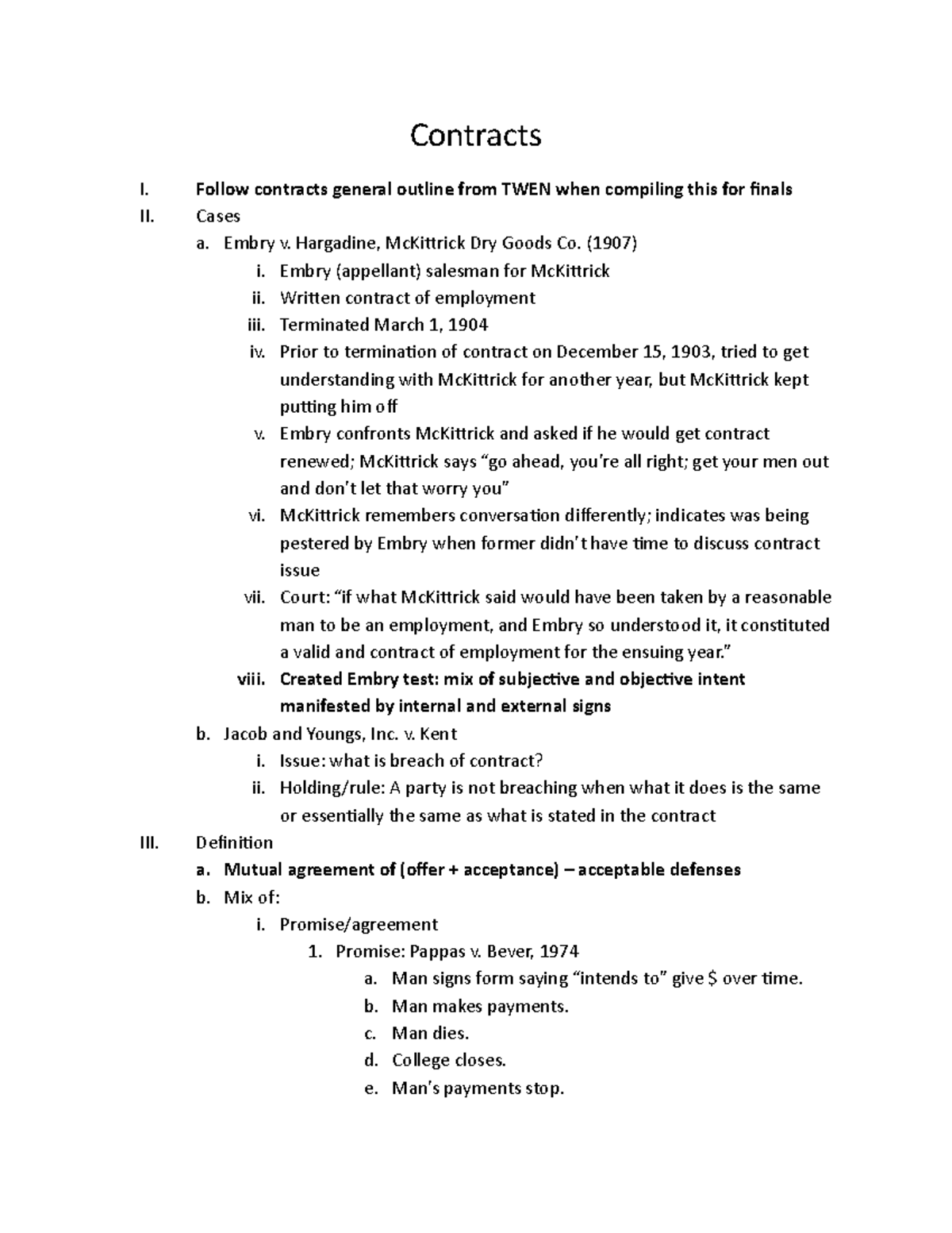 Rough outline-Contracts - Contracts I. Follow contracts general outline ...