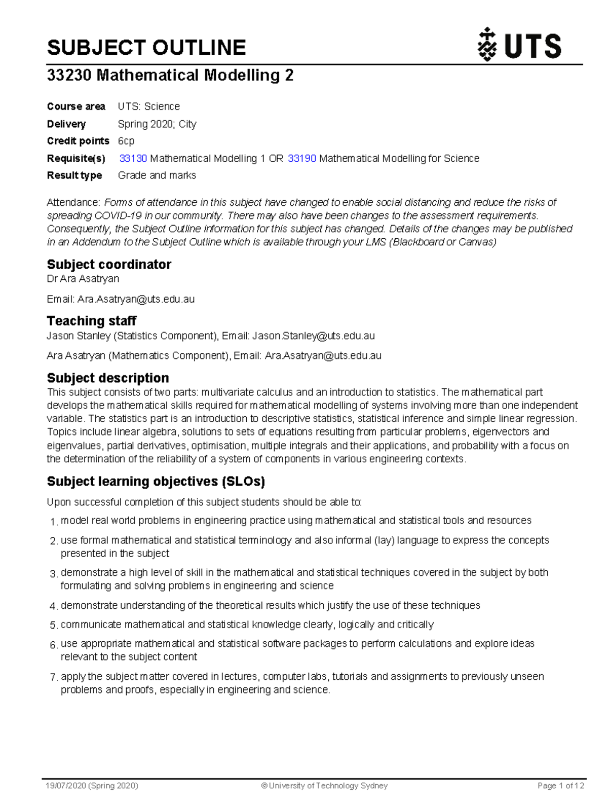 Math Modelling 2 Subject Outline - SUBJECT OUTLINE 33230 Mathematical ...