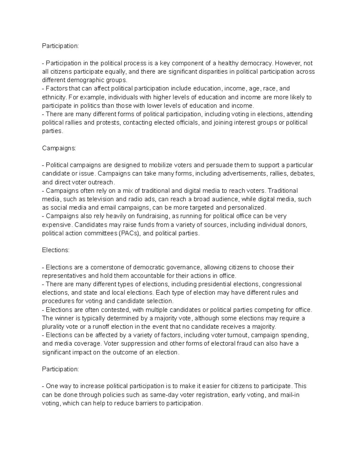 Participation, Campaigns, and Elections Notes - Participation ...