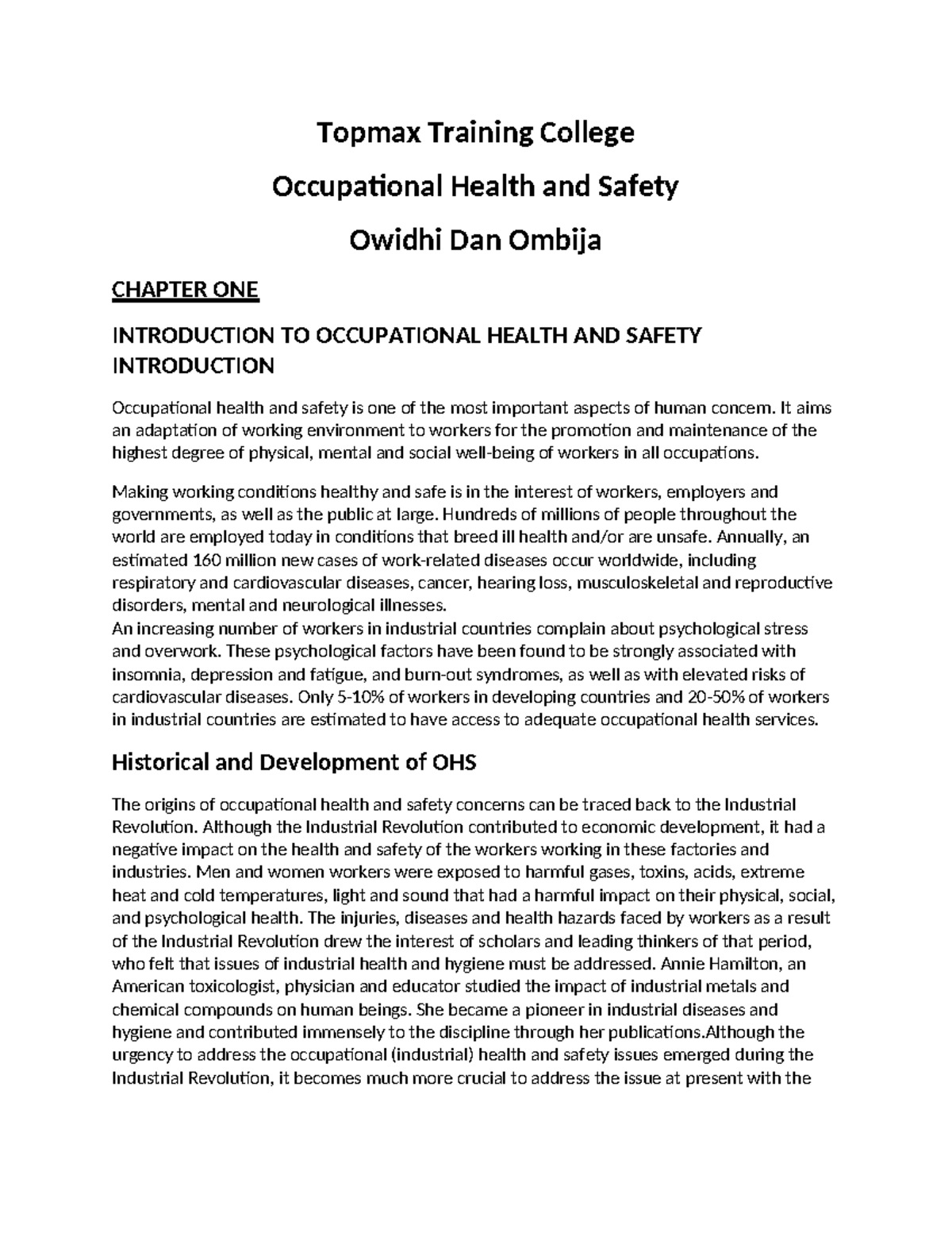 Occupational Health and Safety Lecture Notes - Topmax Training College ...