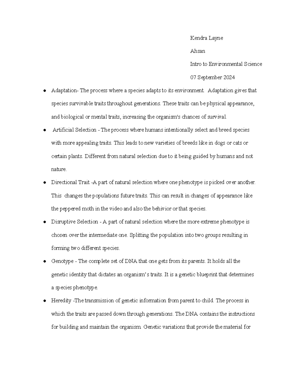 Home Work #2 Natural selection and evolution. - Kendra Layne Ahsan ...