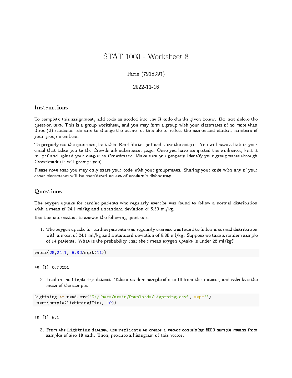 STAT 1000 Worksheet 8 Shell - STAT 1000 - Worksheet 8 Farie (7918391) 2022-11- Instructions To ...