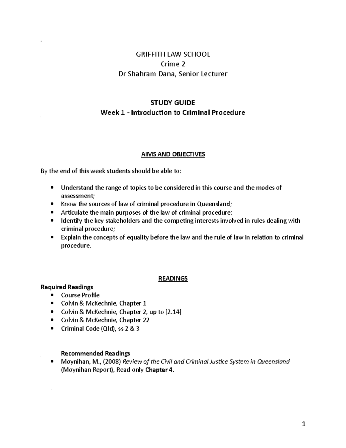 Week 1 Intro - study guide trim 1 2022 - GRIFFITH LAW SCHOOL Crime 2 Dr ...