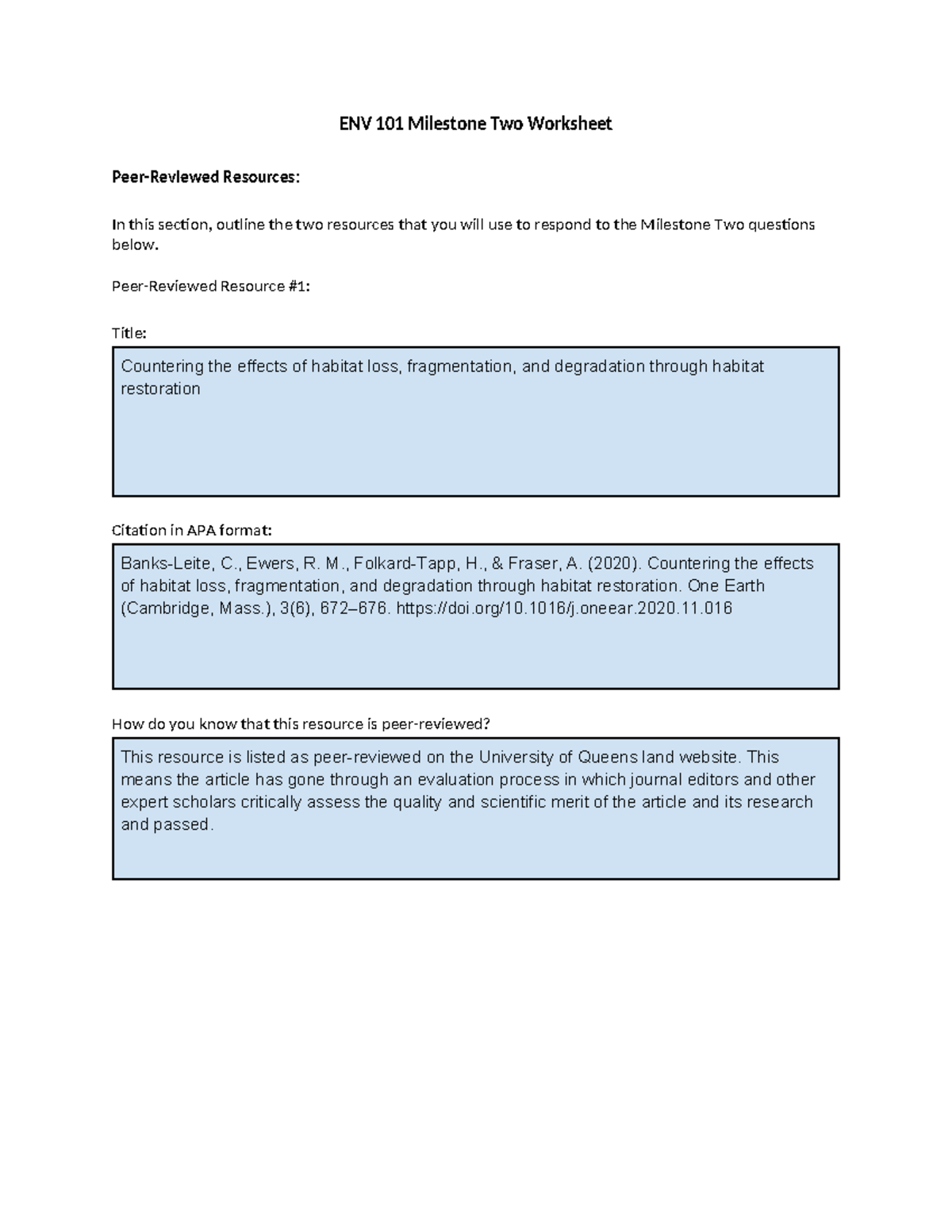 ENV 101 Milestone Two Worksheet - ENV 101 Milestone Two Worksheet Peer ...