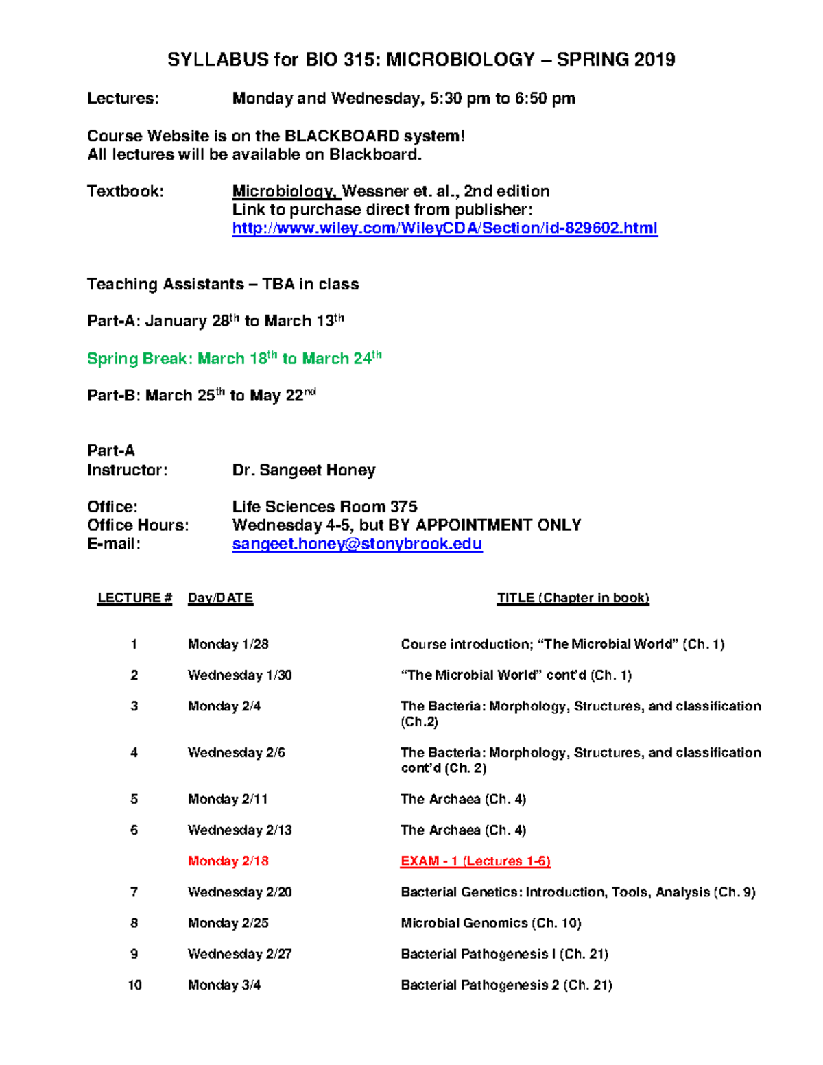 Syllabus - SYLLABUS for BIO 315: MICROBIOLOGY – SPRING 2019 Lectures ...