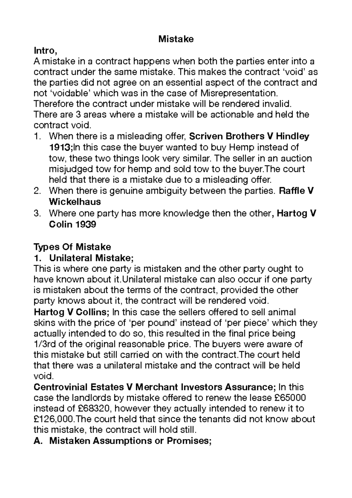 Mistake 2 - Mistake Intro, A mistake in a contract happens when both the parties enter into a ...