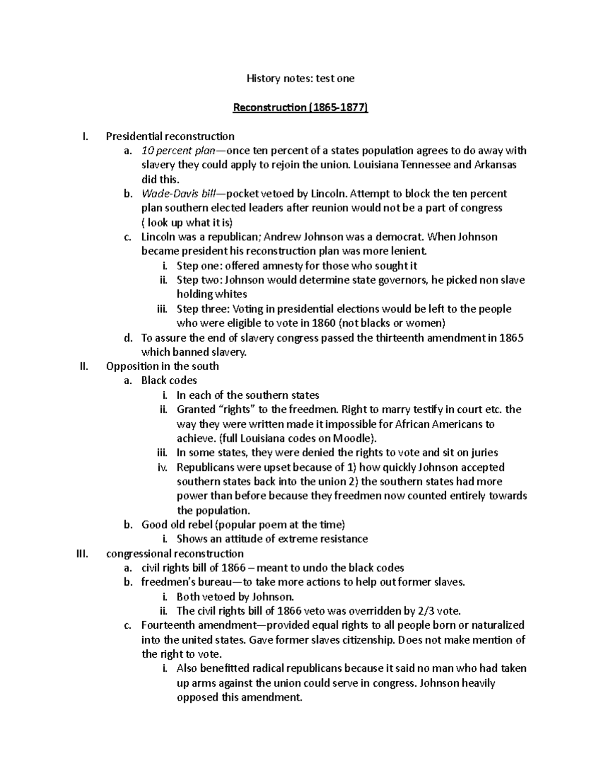 History notes - Presidential reconstruction a. 10 percent plan —once ...