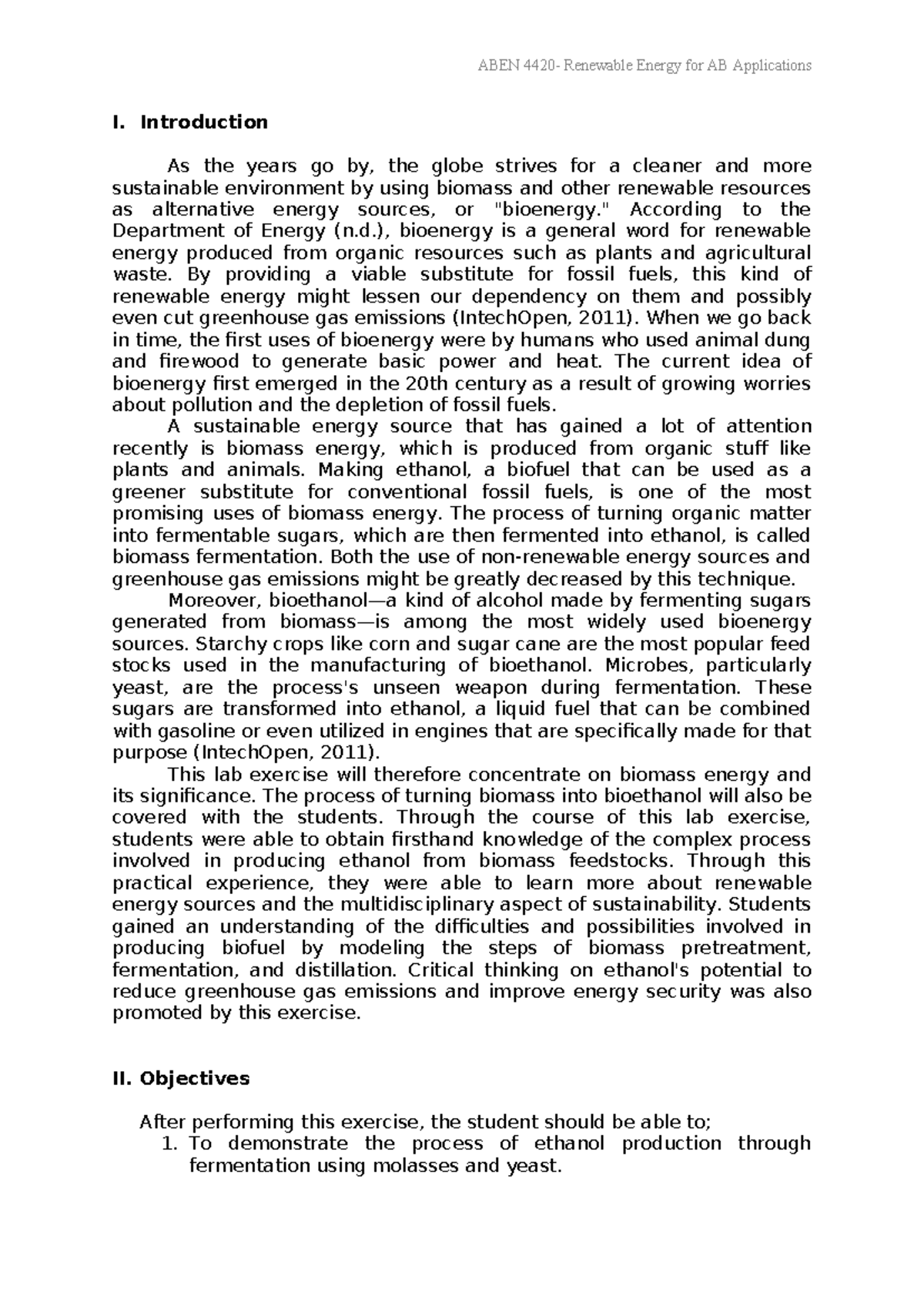 Lab bioethanol - I. Introduction As the years go by, the globe strives ...