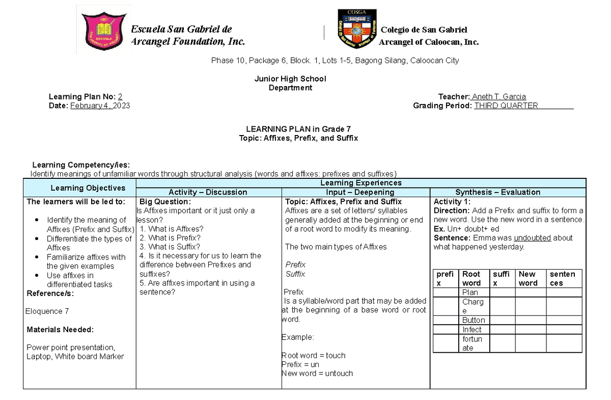 Lesson Plan in Prefixes - Escuela San Gabriel de Colegio de San Gabriel ...