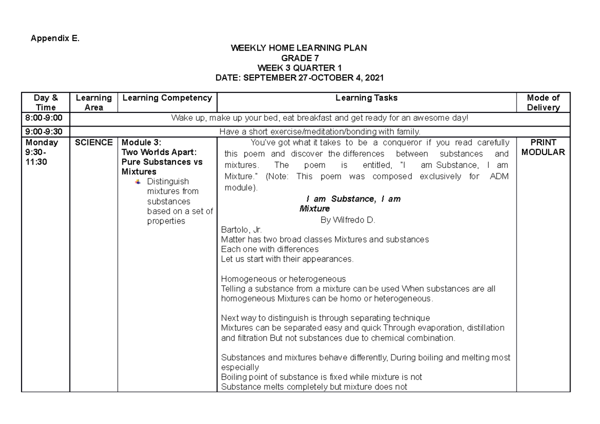 Week3 - DLL - Appendix E. WEEKLY HOME LEARNING PLAN GRADE 7 WEEK 3 ...