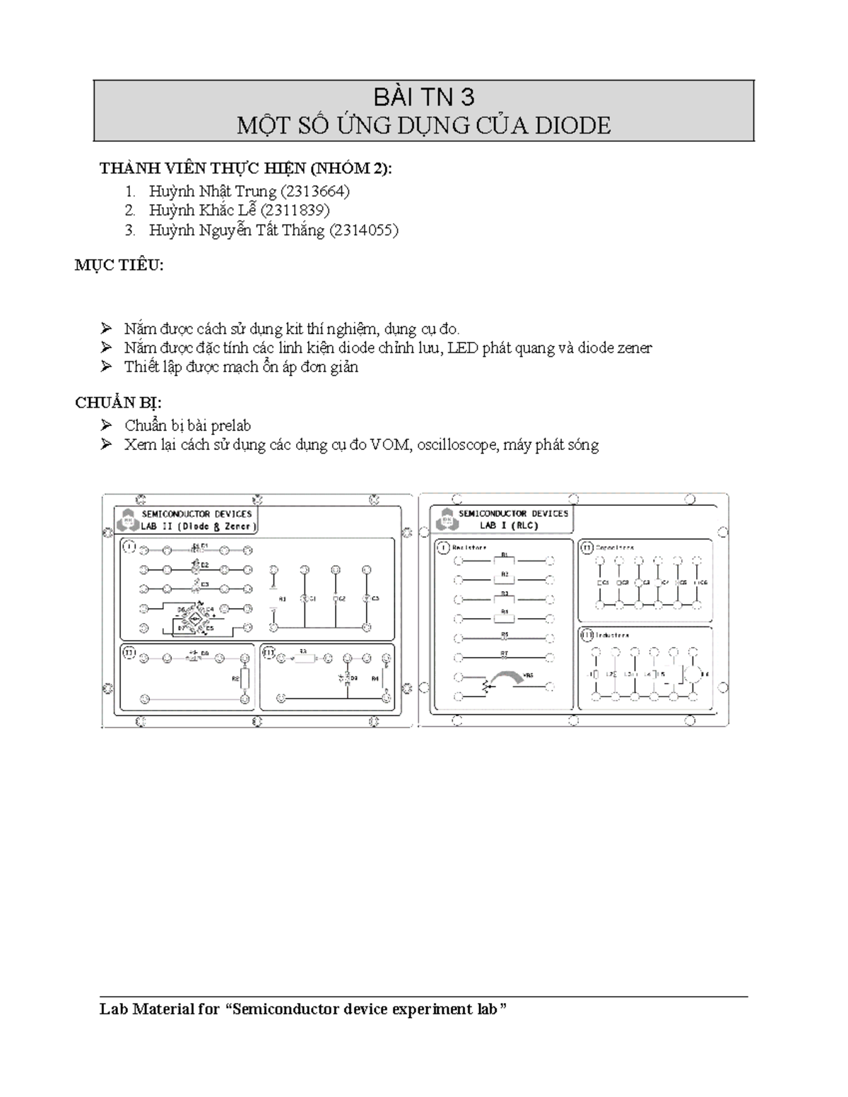 1 VLBD 2022 LAB3 - BÀI TN 3 MỘT SỐ ỨNG DỤNG CỦA DIODE THÀNH VIÊN THỰC HIỆN (NHÓM 2): Huỳnh Nhật ...