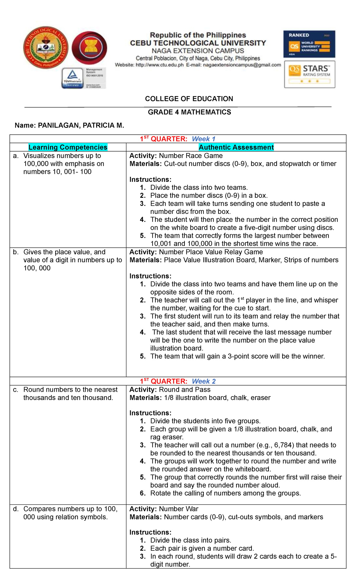 Authentic assessment 4 - COLLEGE OF EDUCATION GRADE 4 MATHEMATICS Name ...