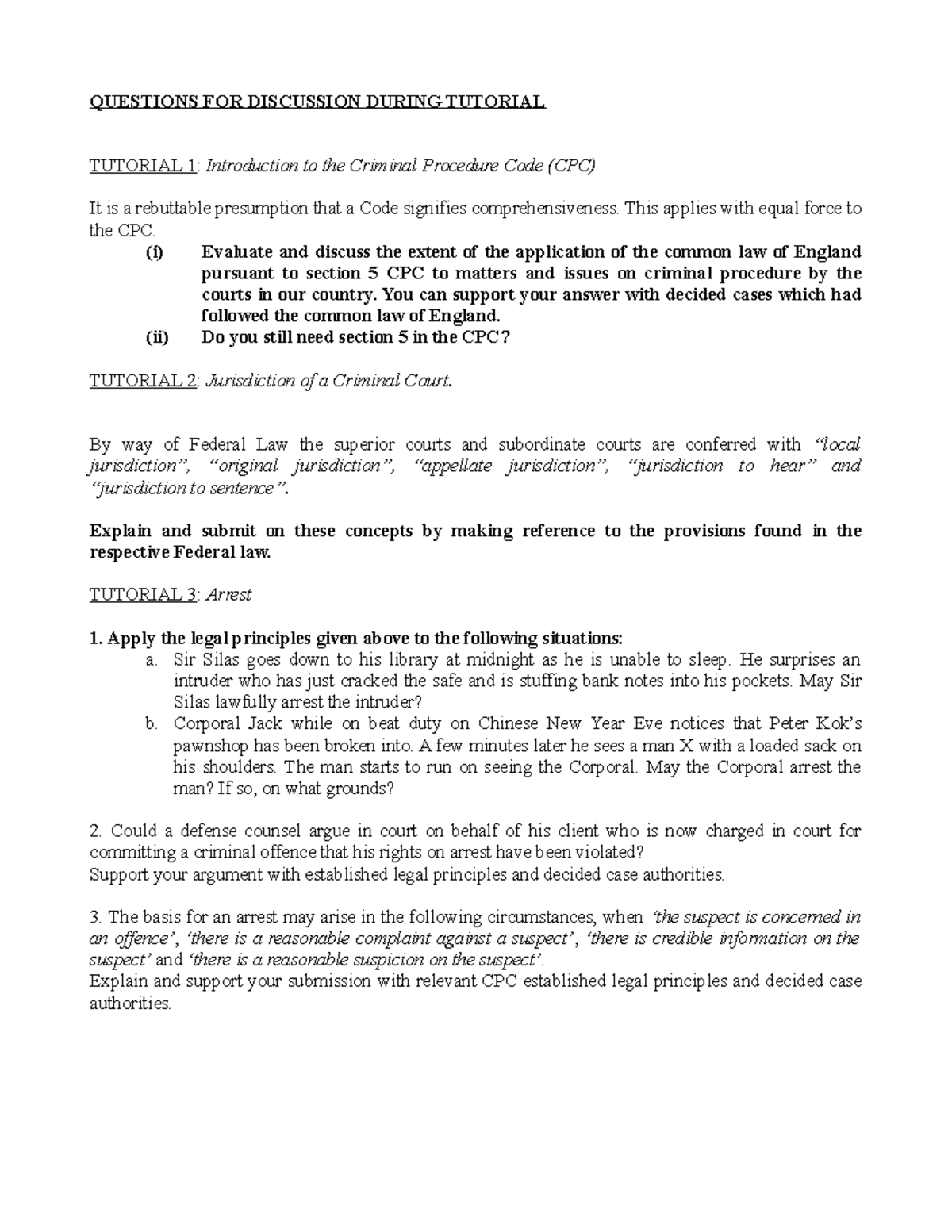Tutorial 1 - 10 - QUESTIONS FOR DISCUSSION DURING TUTORIAL TUTORIAL 1 ...