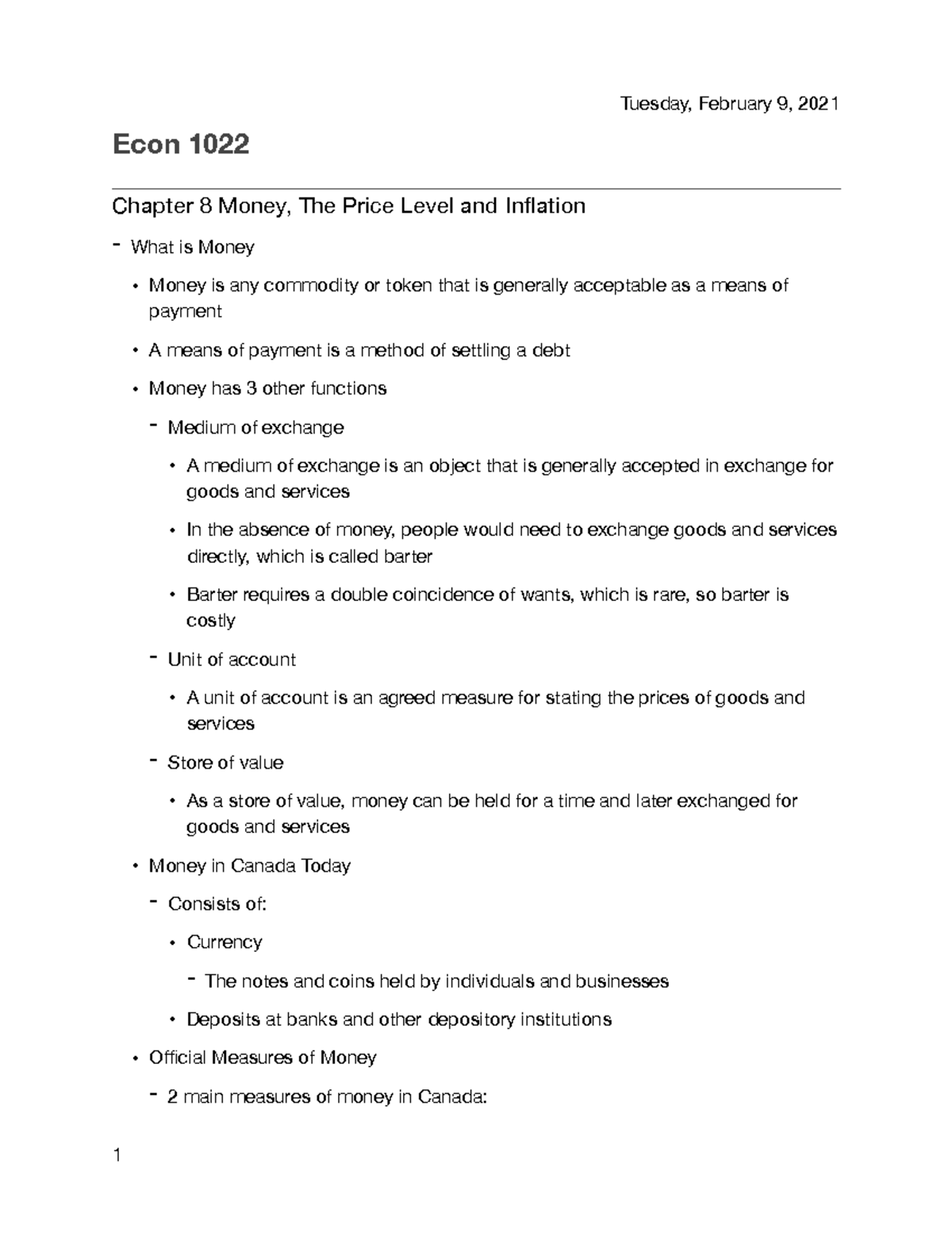 Chapter 8 Econ Notes PDF - Econ 1022 Chapter 8 Money, The Price Level ...