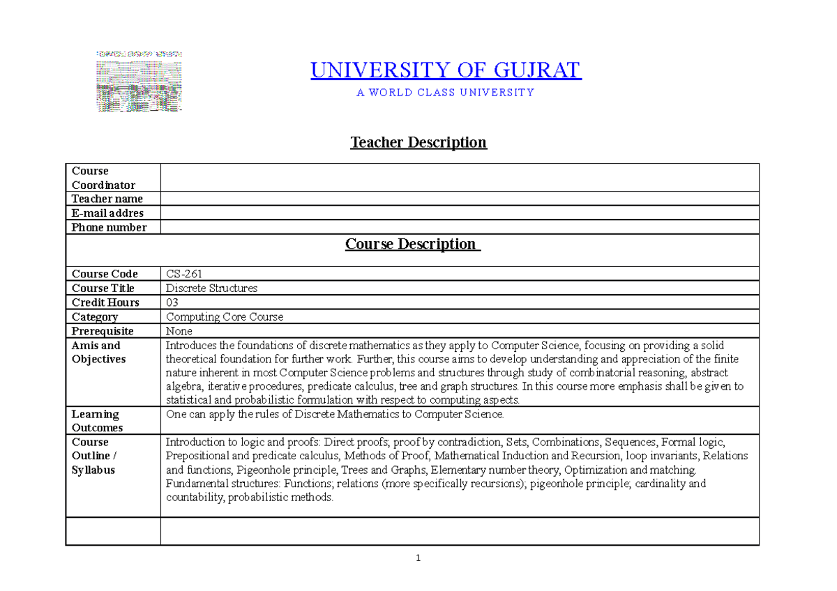 CS-261 Discrete Structures - UNIVERSITY OF GUJRAT A WORLD CLASS UNIVERSITY Teacher Description ...