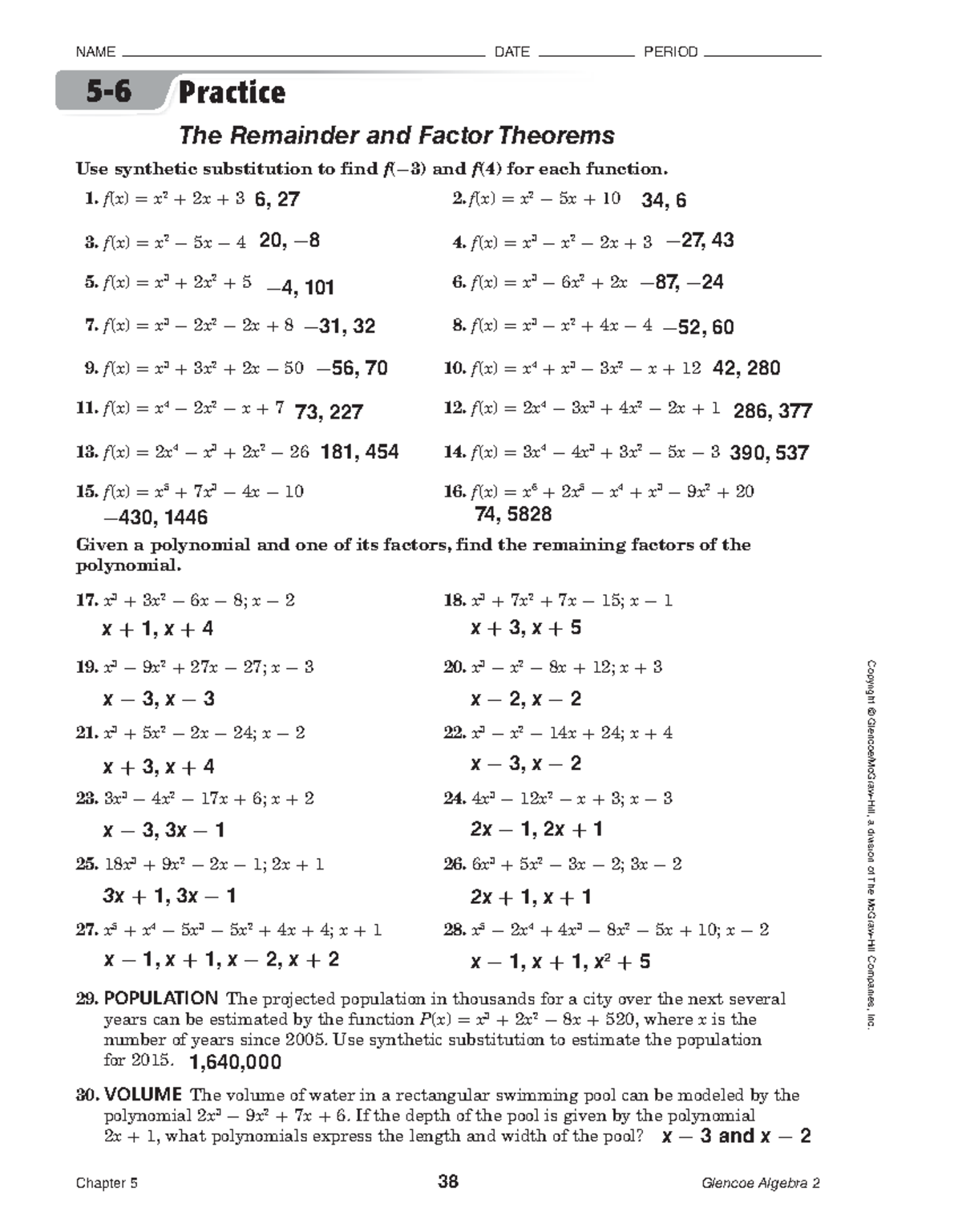 5-6 Practice key - HW Key for Polynomial Questions - Copyright ...