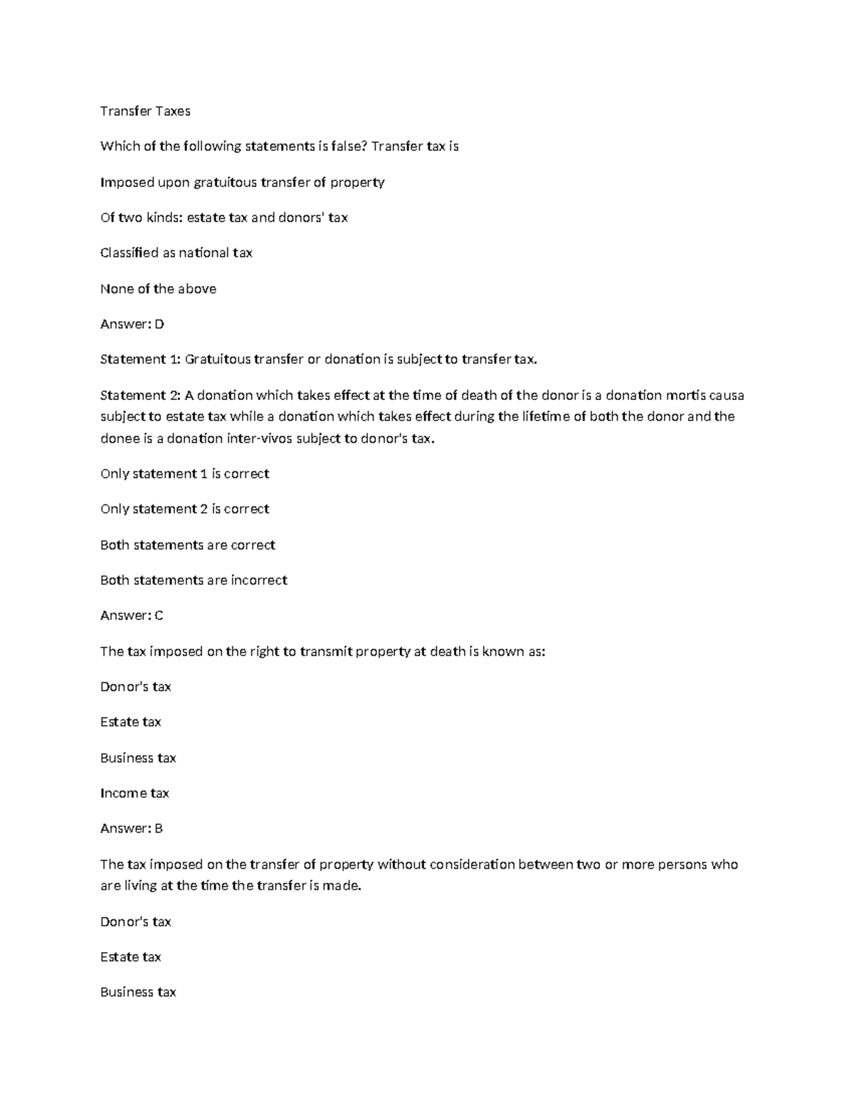 Transfer Taxes-WPS Office - Transfer Taxes Which of the following ...