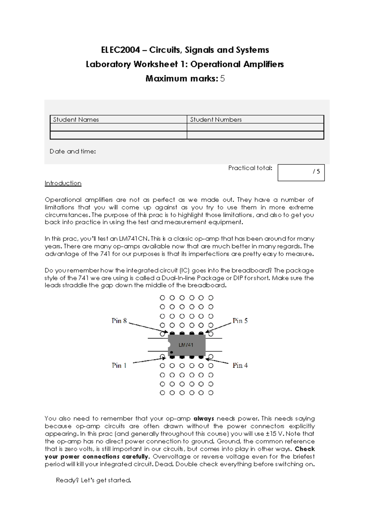 Laboratory Worksheet 1 on Operational Amplifiers - ELEC2004 – Circuits, Signals and Systems ...