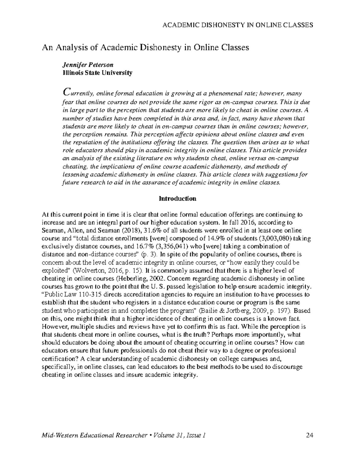 V31n1 Peterson Feature Article - An Analysis of Academic Dishonesty in ...