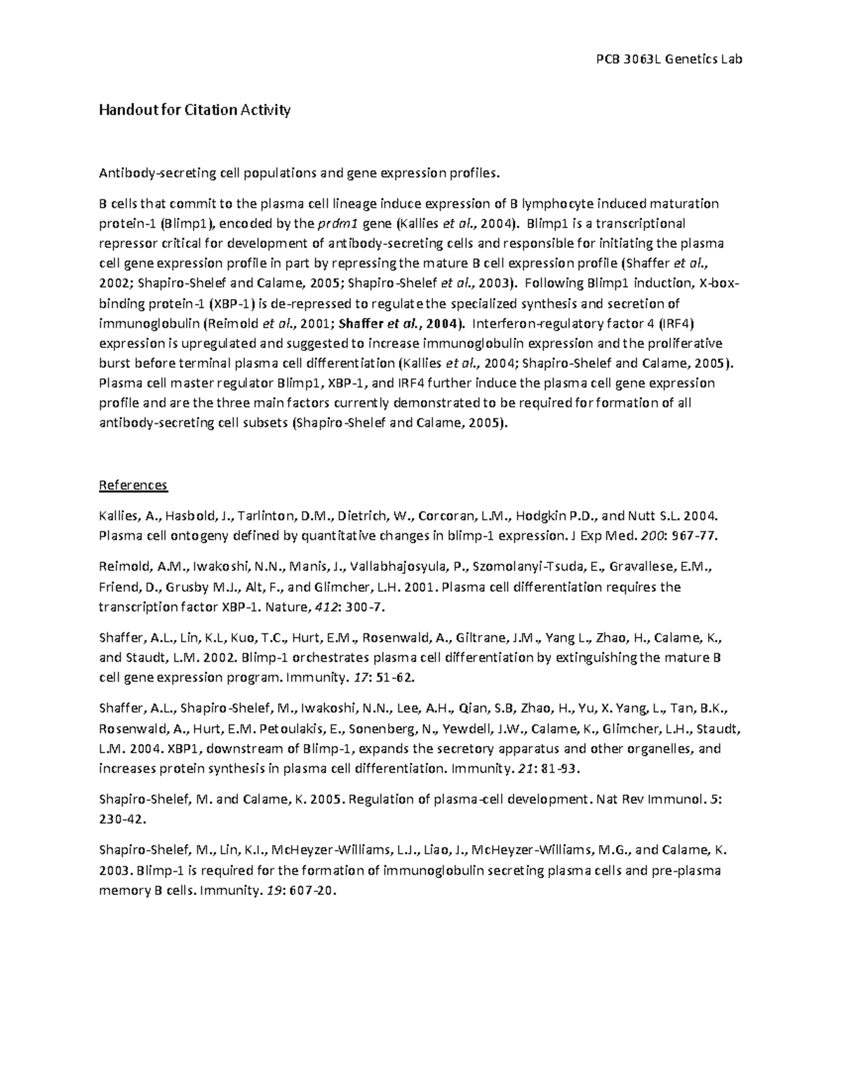 Handout for Citation Activity - PCB 3063L Genetics Lab Handout for ...