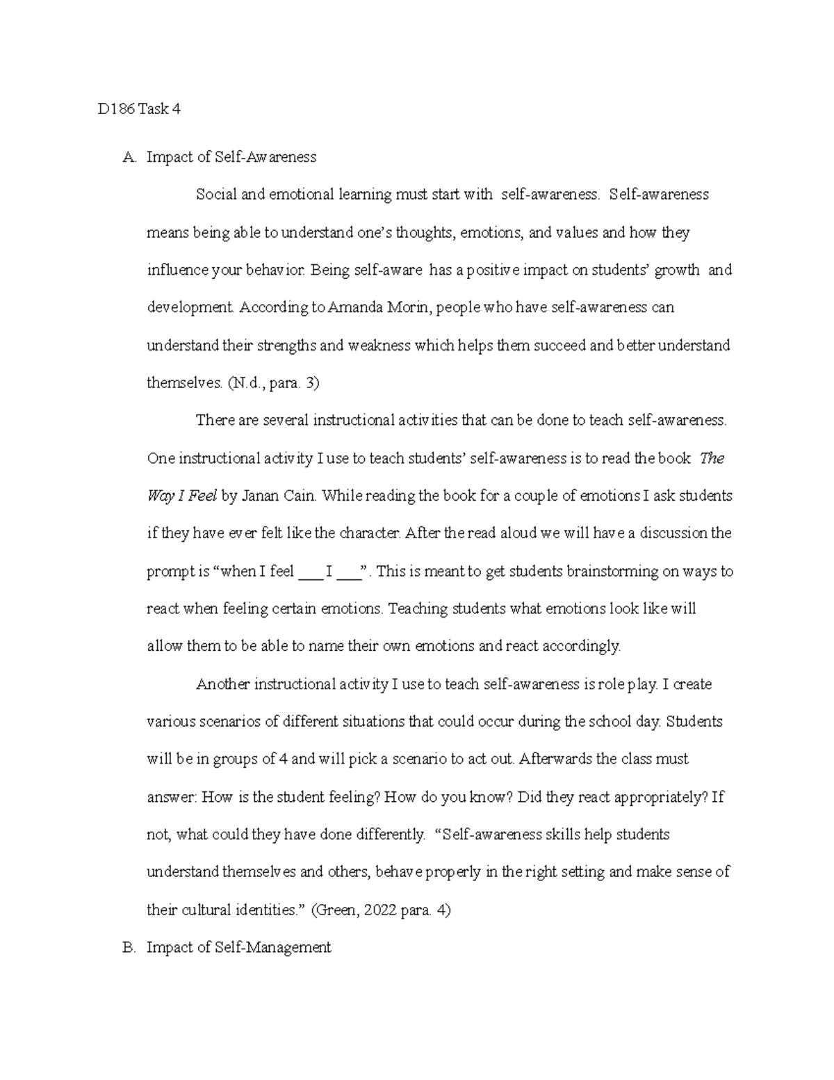D186 Task 4 - D188 Task 4 - D186 Task 4 A. Impact of Self-Awareness ...