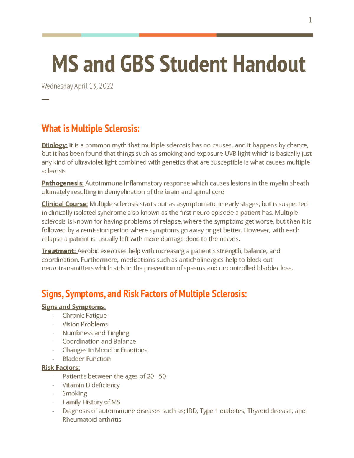 MS and GBS Class Handout - 1 MS and GBS Student Handout Wednesday April ...