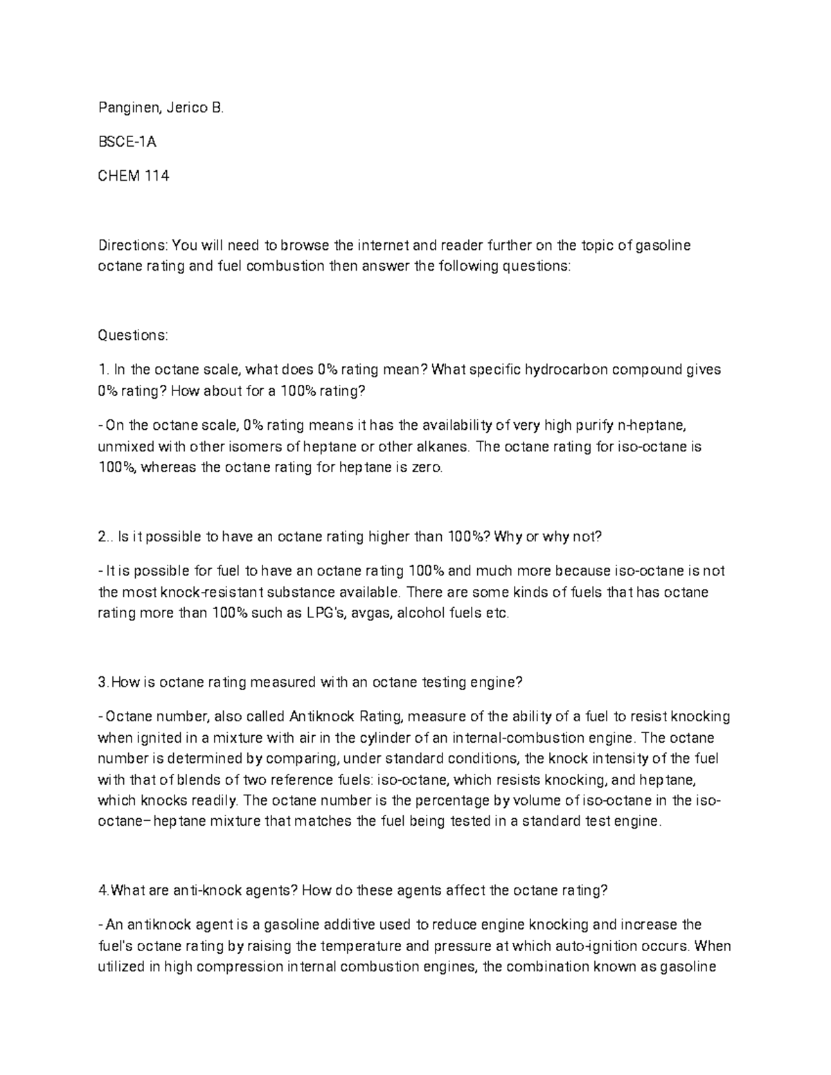 Fuel Worksheet - Chemistry - Panginen, Jerico B. BSCE-1A CHEM 114 ...