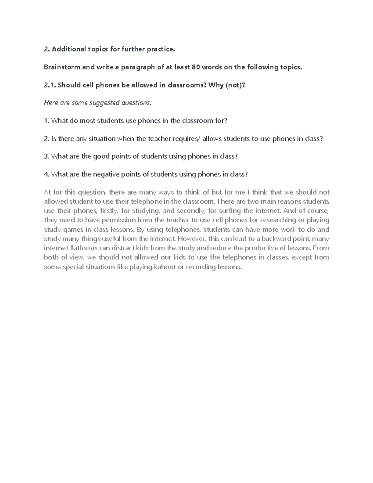 Av2 - anh - Additional topics for further practice. Brainstorm and ...