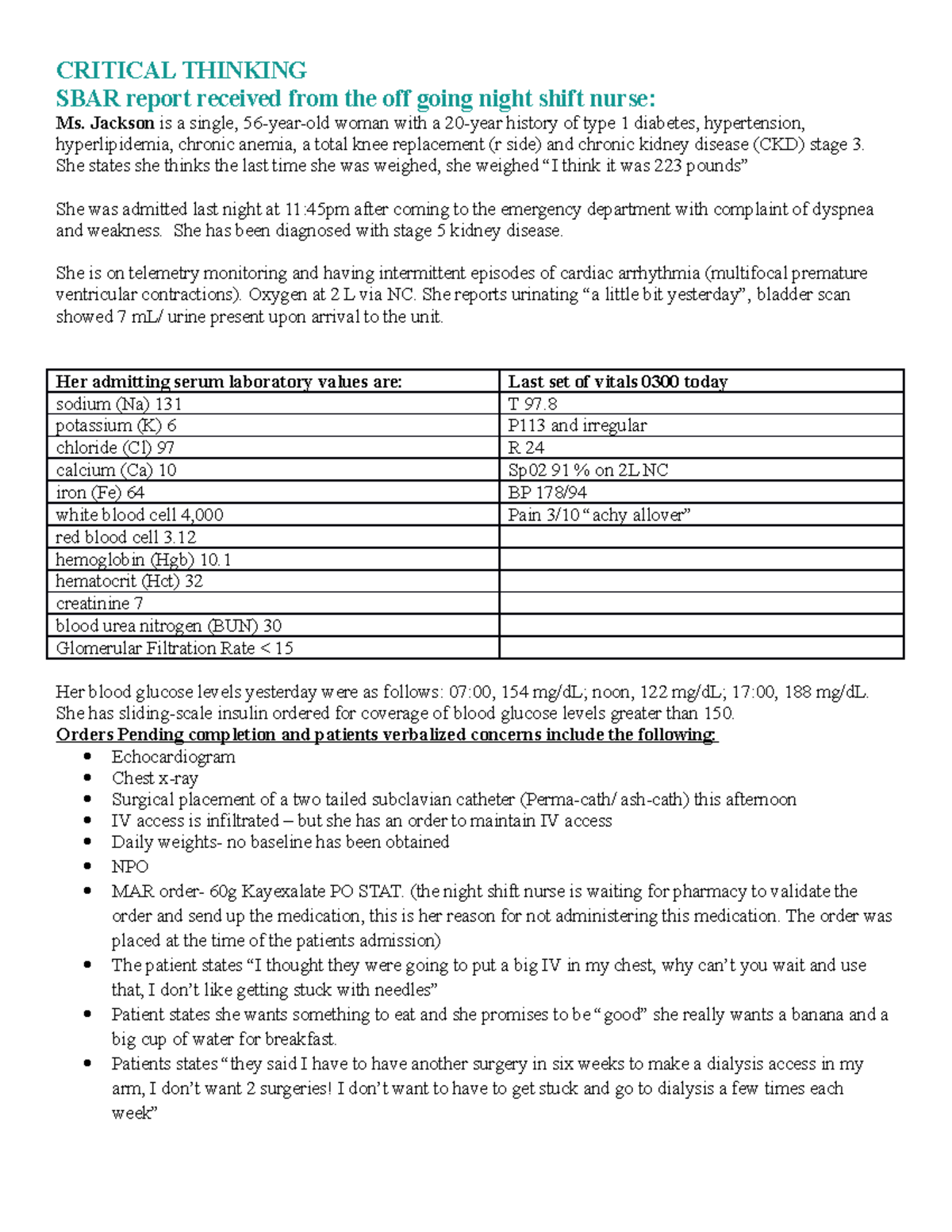 Critical Thinking - CKD end stage patient care and interventions ...