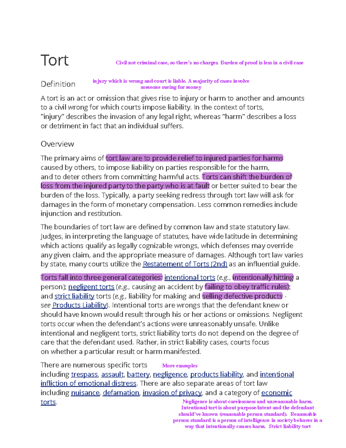Tort1 - tort text - Tort Definition A tort is an act or omission that gives rise to injury or ...