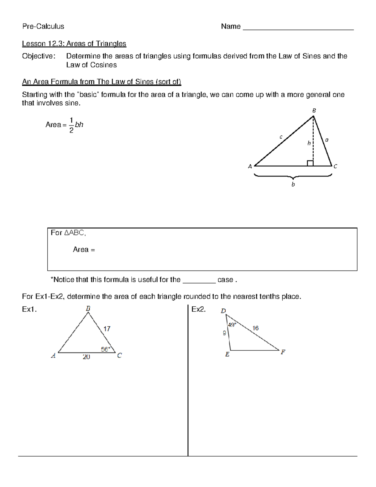 PC 12.3 Lesson Areas of Triangles - Pre-Calculus Name ...