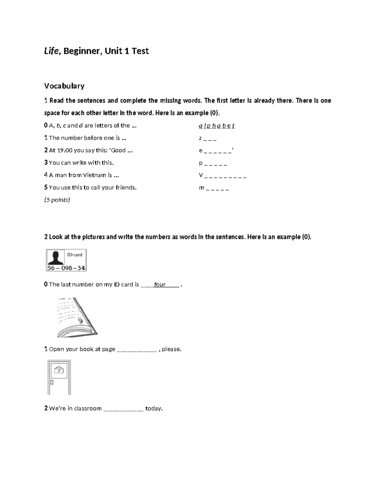 Life 2e Beginner Unit 1 test Word - Life, Beginner, Unit 1 Test ...