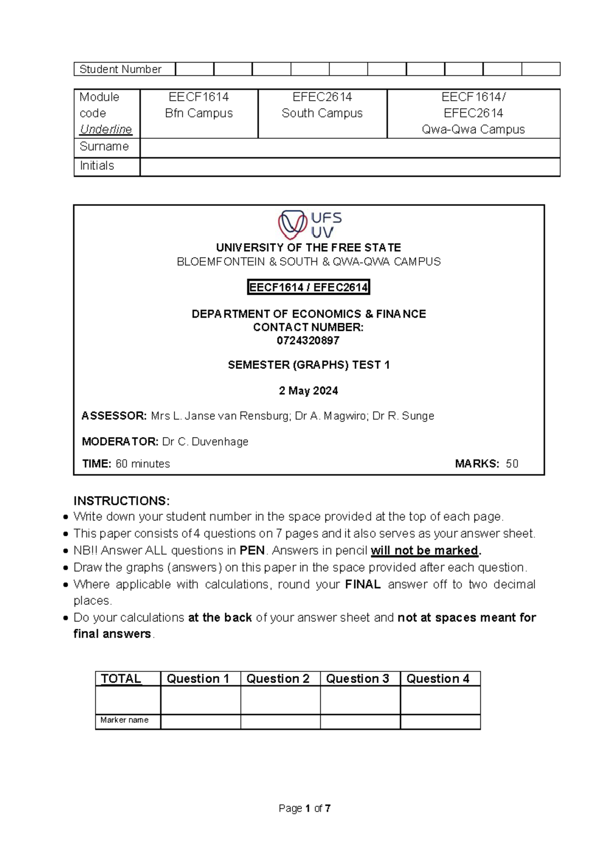 Graphs Test 1 memo - Module code Underline EECF Bfn Campus EFEC South ...