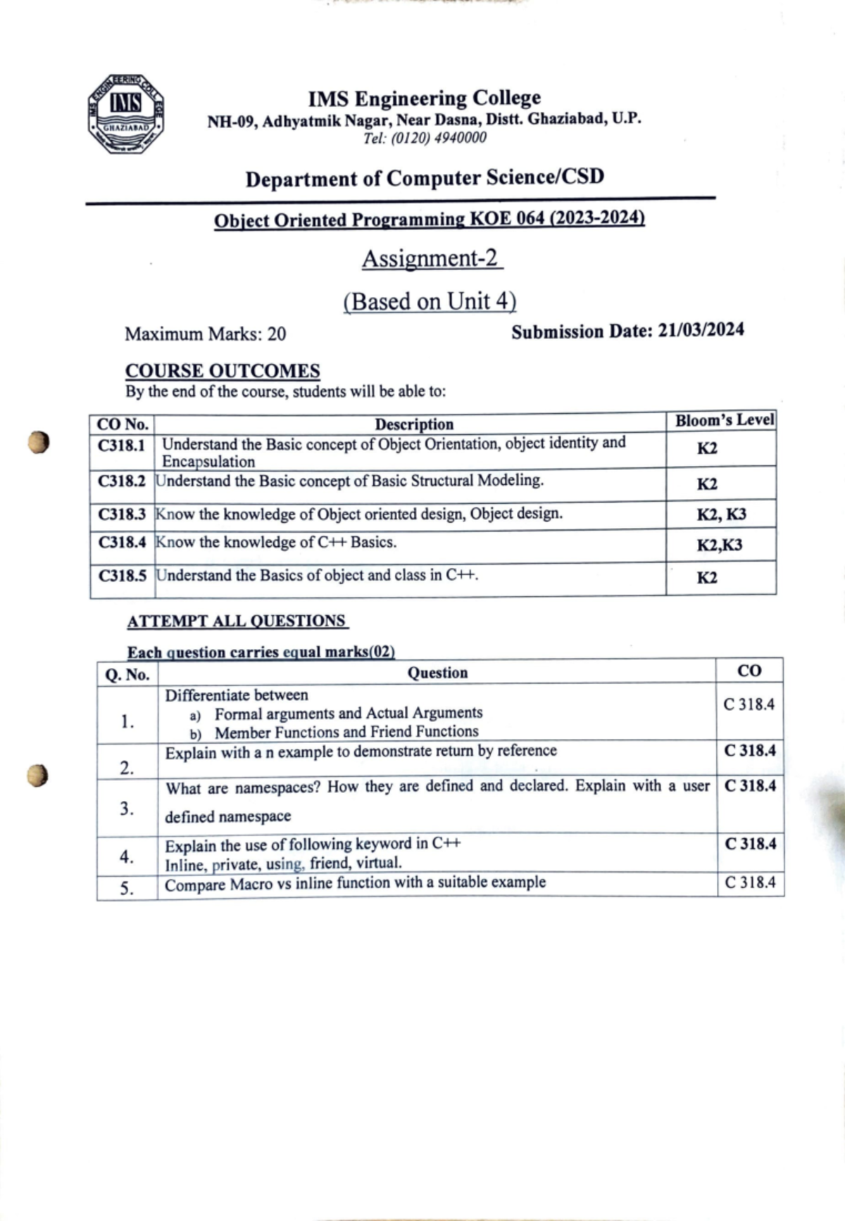 Oops Assignment No based on Unit 4 - IMS Engineering College N H-09, Adhyatmik N agar, N ear ...