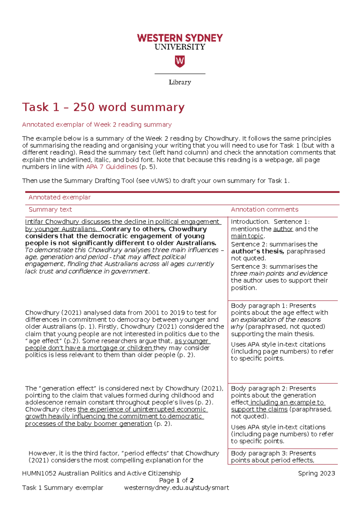 Annotted example of a summary of the Week 2 reading by Chowdury - Task ...