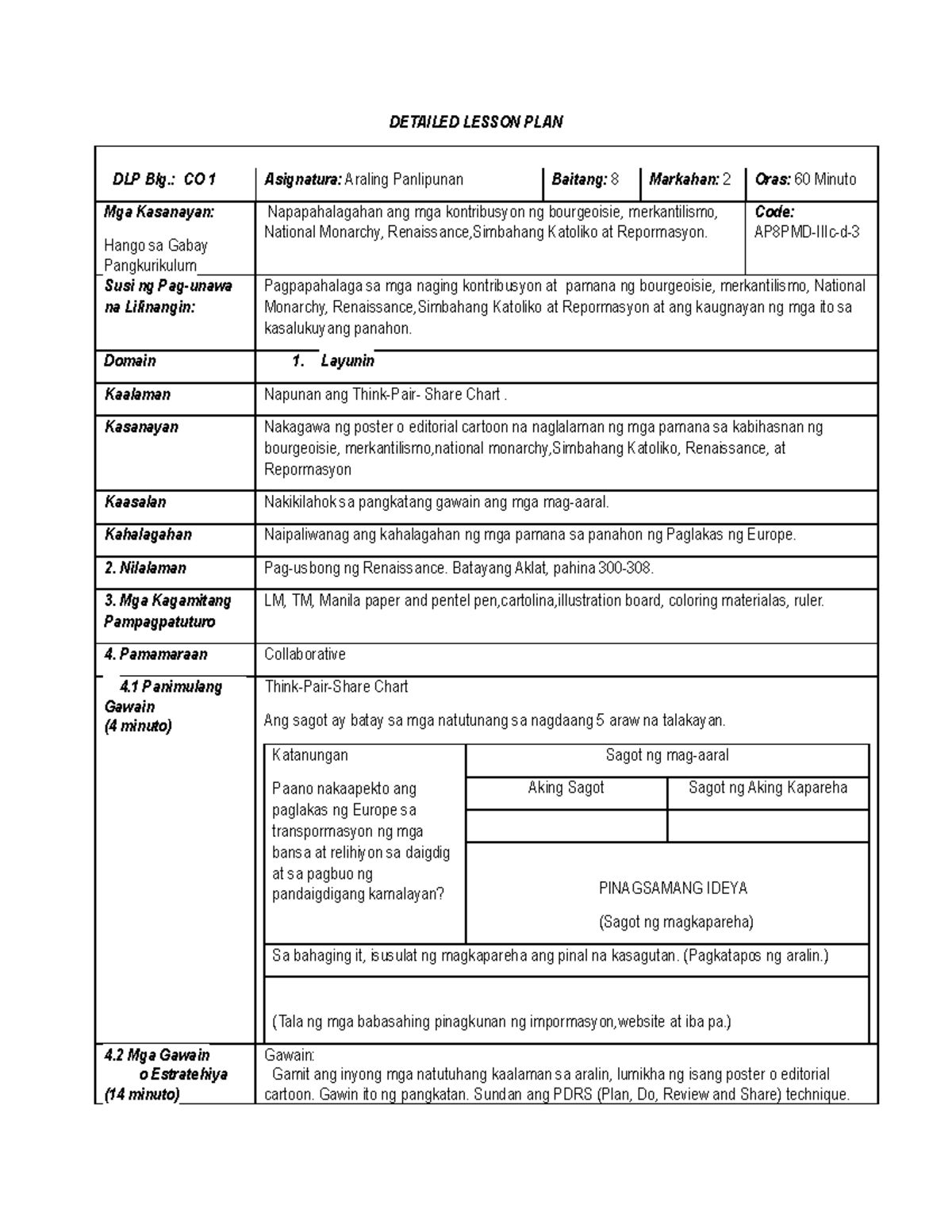 DLP6 AP8 Q3 - Detailed - DETAILED LESSON PLAN DLP Blg.: CO 1 Asignatura: Araling Panlipunan ...
