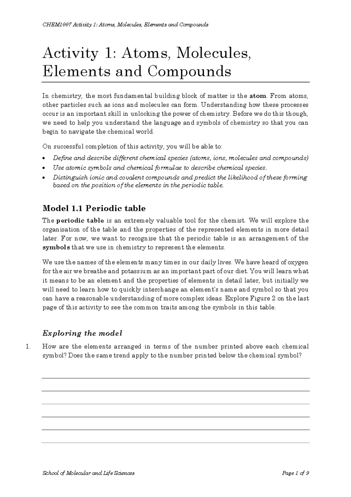 Wk1 - M1 activity - Week 1 workshop Module 1 - Activity 1: Atoms ...