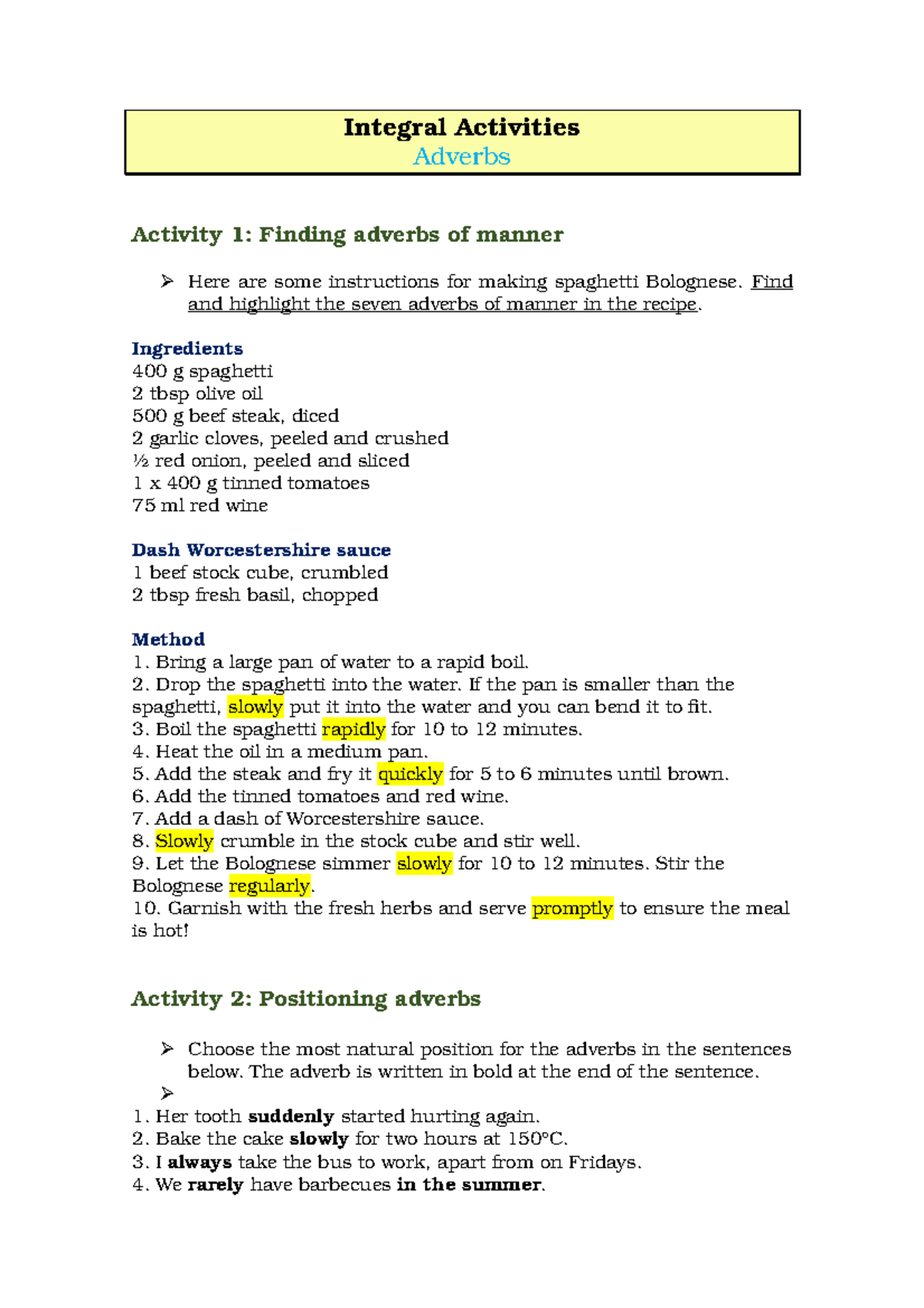 Integral Activities- Adverbs - Integral Activities Adverbs Activity 1 ...