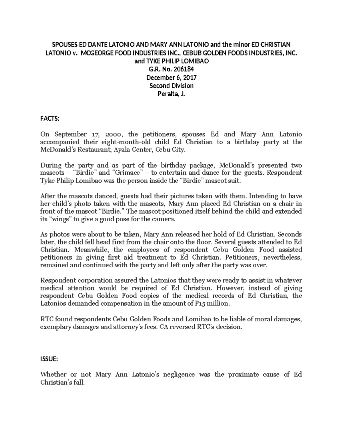 Spouses ED Dante Latonio AND MARY ANN Latonio and the minor ED ...